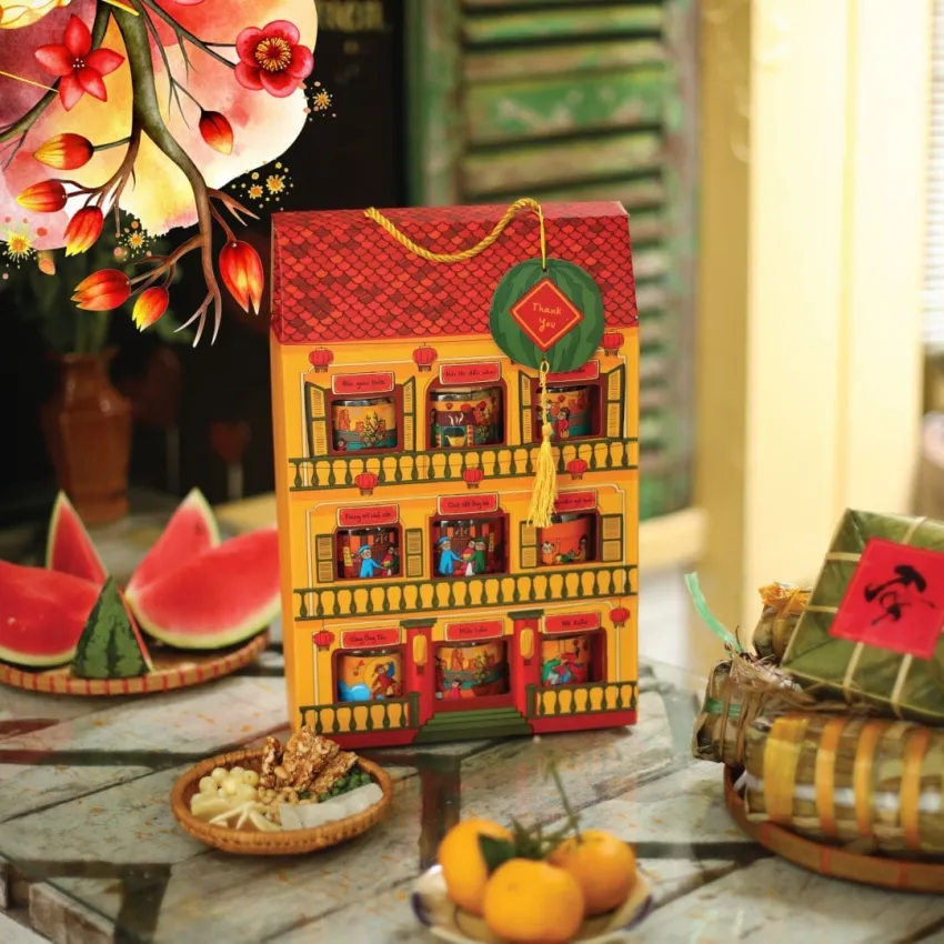 Vietnamese Traditional Tet House Gift Box - 9 Treats, 3D Design